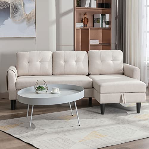 CALABASH Couch with Pull Out Bed, L Shaped Sleeper Sectional Sofa Bed with Storage, 3 Seater Couch and Reversible Chaise for Living Room Furniture Set (Beige)