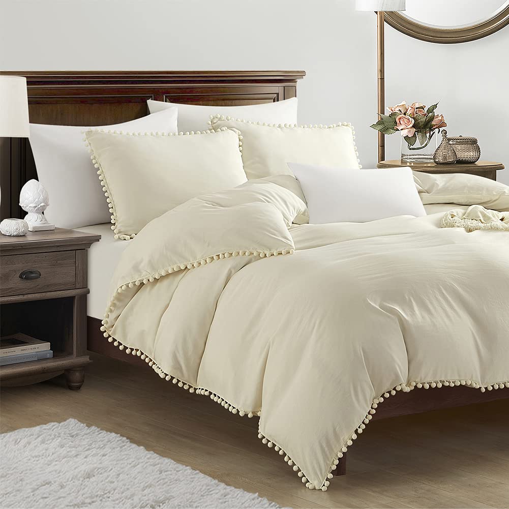 AiMay 2 Piece Duvet Cover Set Twin Size(1 Duvet Cover + 1 Pillow Shams) Bedding Sets Super Soft 100% Double Brushed Microfiber Boho Ball Fringe Breathable Skin-Friendly (White, Twin)
