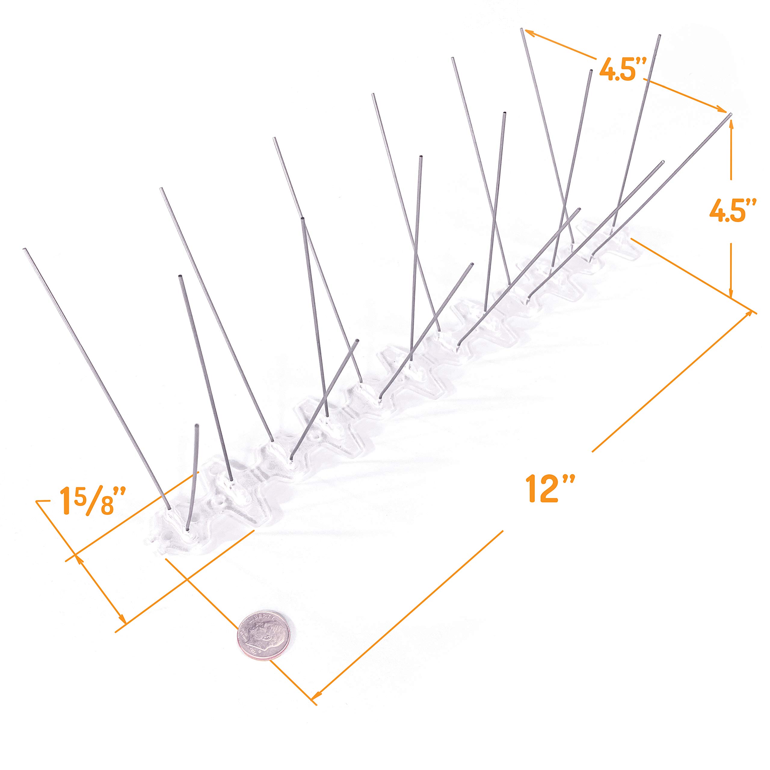 Bird Barrier Bird-Flite Stainless Steel Bird Spikes | Metal Pins Strips with Plastic Base, Clear Glue Adhesive Included - Wide (5in) - 10 Ft. Length