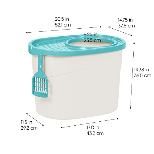 IRIS USA Oval Top Entry Cat Litter Box with Scoop, Kitty Litter Tray with Litter Catching Lid Less Tracking Dog Proof and Privacy Large, White/Seafoam