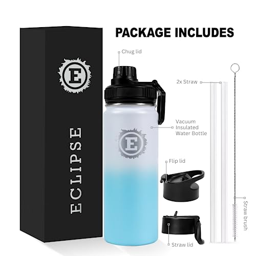 Eclipse 32 oz Insulated Stainless Steel Sports Water Bottle with 3 lids - Straw Lid, Flip Lid, Chug Lid, Sweat Proof, Leak Proof, Double Walled Vacuum Insulated (Relaxing Purple, 32oz)