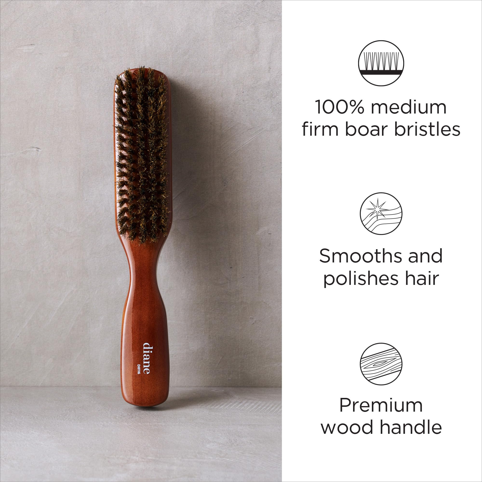 Diane Premium 100% Boar Bristle 5 Row Styling Brush for Men and Barbers, Medium-Firm Bristles for Thick Coarse Hair, Detangling, Smoothing