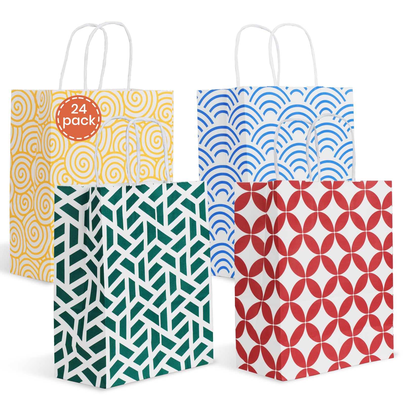 Parmedu Assorted Color Paper Bag Set: 24pcs Gift Bags with Handles in Optimal Size 8.5 * 3.9 * 10.2 Inches, Thickened Take-out Bags for Christmas, Festivals, Birthdays, Parties, Weddings etc.