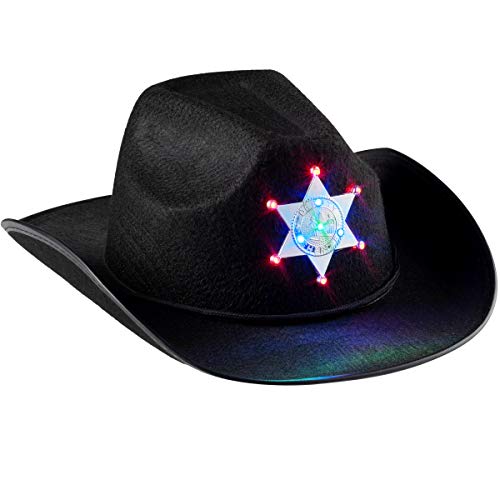 Black Sheriff Hat for Kids Boys and Girls - Light Up Cowboy Hat with Sheriff Blinking Badge and Draw String for Dress-Up and Play Costume Parties