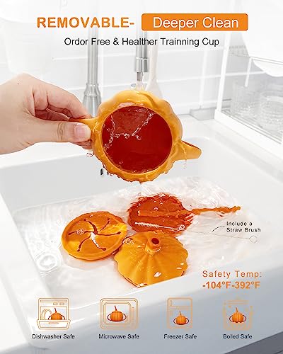 BRVTOT 3 in 1 Training Cups for Baby & Toddler 7 oz, Spill Proof Toddler Straw Cup & Snack Containers Cup with DustProof Lid, BPA Free Silicone Baby Sippy Cup for 1+ Year Old, Cute Pumpkin Baby Gifts