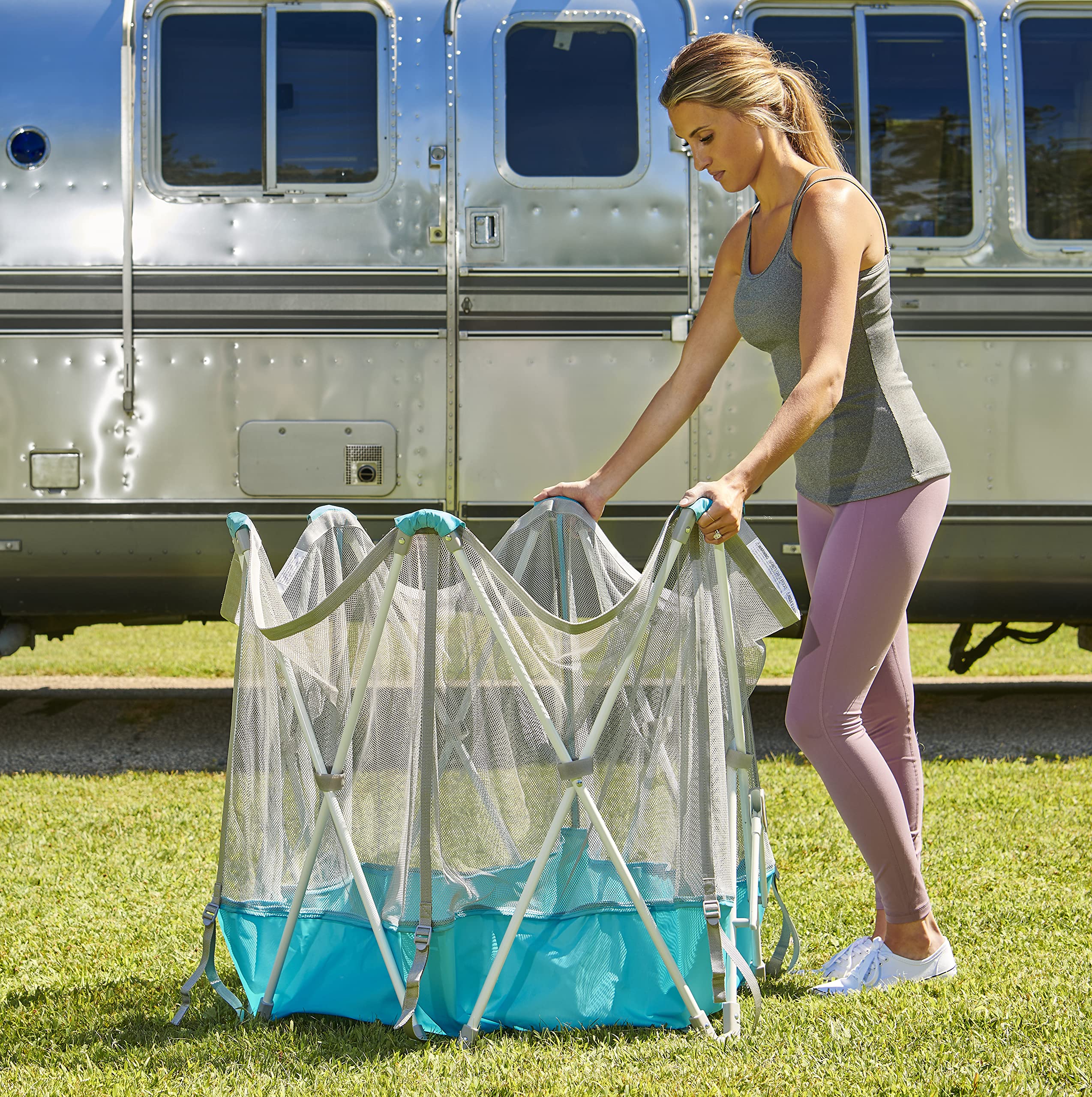 Regalo My Portable Play Yard Deluxe with Removable Pad, Indoor and Outdoor, Bonus Kit, Aqua, 6-Panel