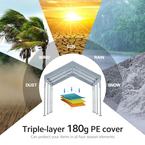 ADVANCE OUTDOOR 12x20 ft Heavy Duty Carport Car Canopy Garage Boat Shelter Party Tent, Adjustable Peak Height from 9.5ft to 11ft, Silver Gray