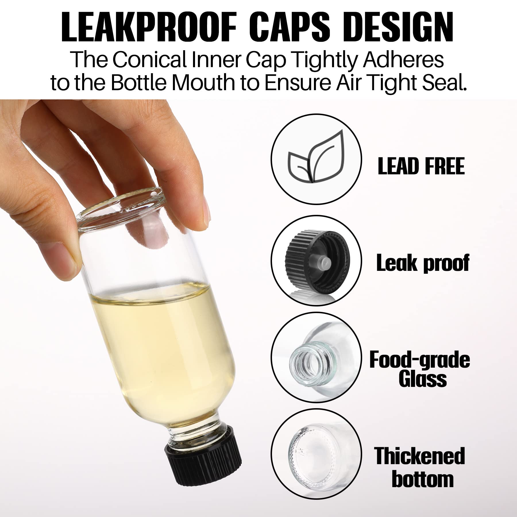 80 Pack, 2 oz Small Glass Bottles with Airtight Lids, 60 ml Empty Clear Sample Boston Bottle/Vials/Containers with180 Sticky Labels, Brush, Funnels