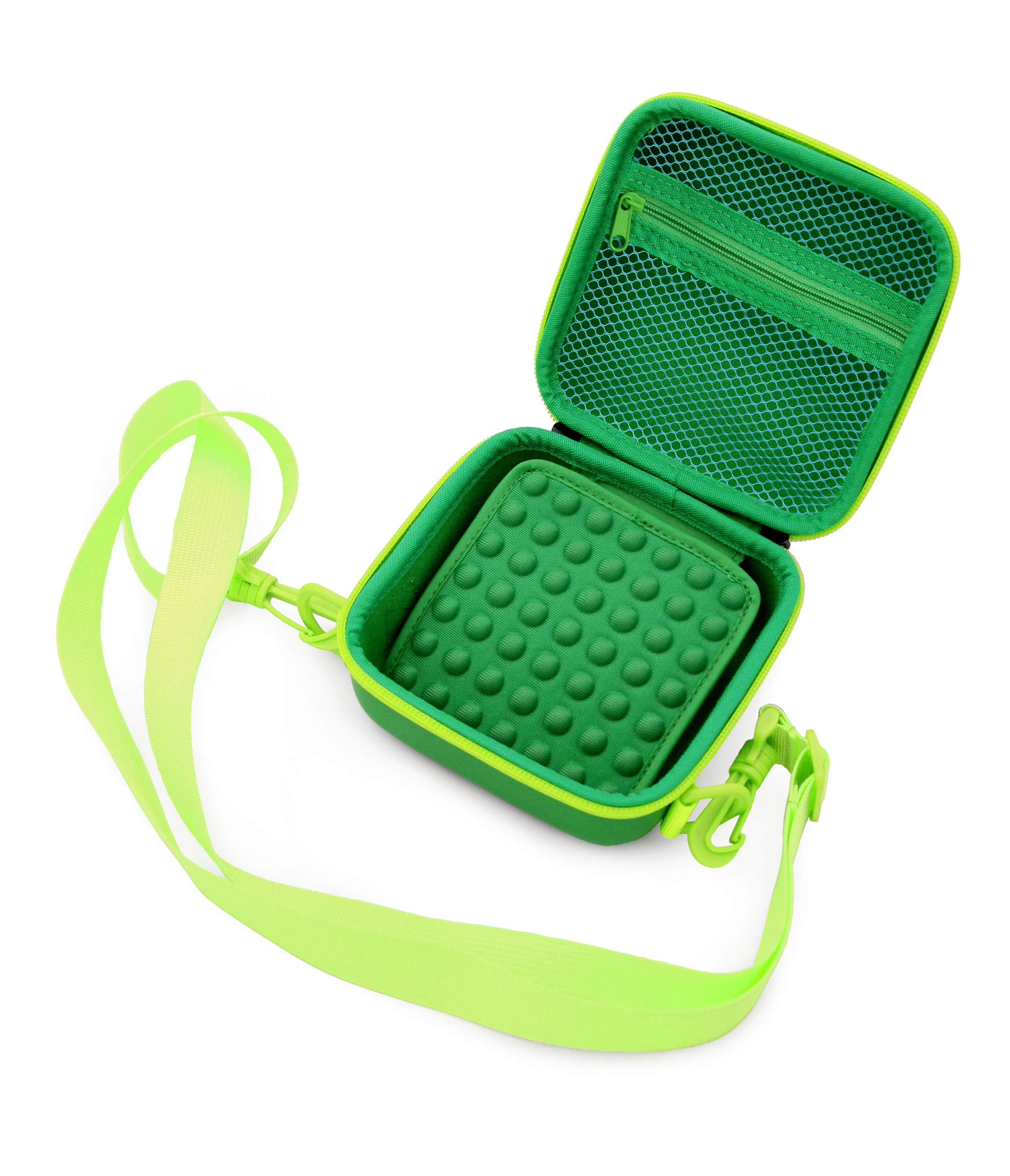 CASEMATIX Green Toy Box Travel Case Compatible with Leapfrog Rockit Twist Handheld Learning Game System - Includes Adjustable Shoulder Strap, Accessory Storage and Rubber Frog Keychain - CASE ONLY