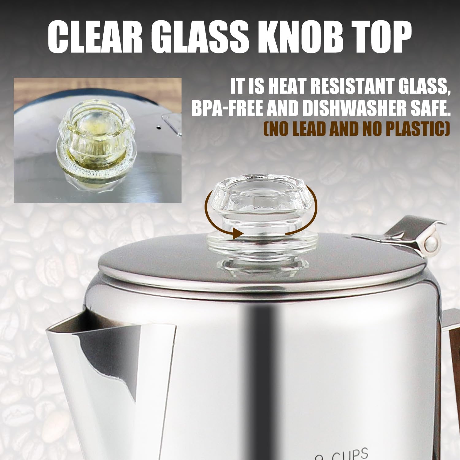 APOXCON Multi Use Coffee Percolator Using On Indoor Induction Cooktop, Electric Stove, Outdoor Campfire Stovetop, Camping Coffee Pot with Glass Knob Top 9 Cup