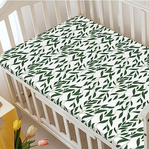 Eucalyptus Themed Fitted Crib Sheet,Standard Crib Mattress Fitted Sheet Soft & Stretchy Fitted Crib Sheet - Great for Boy or Girl Room or Nursery,28β x52β,Hunter Green and White