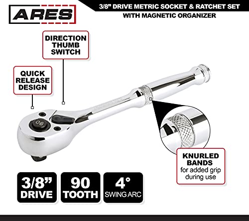 ARES 47004-32-Piece 3/8-inch Drive Metric Socket and 90-Tooth Ratchet Set with Magnetic Organizer - Sizes 6mm to 20mm Deep and Shallow Sockets