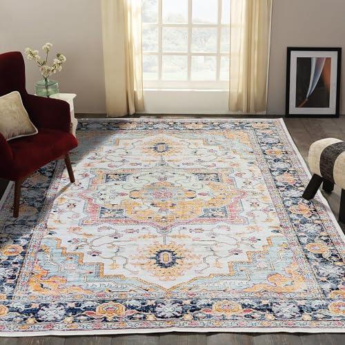 Kaspene Home - Machine Washable Thin Area Rug for Dining Room, Bedroom, and Living Room - Oriental Vintage Orange and Blue Rug - Stain and Water-Resistant - Non-Slip - Pet and Kid Friendly, 5x8