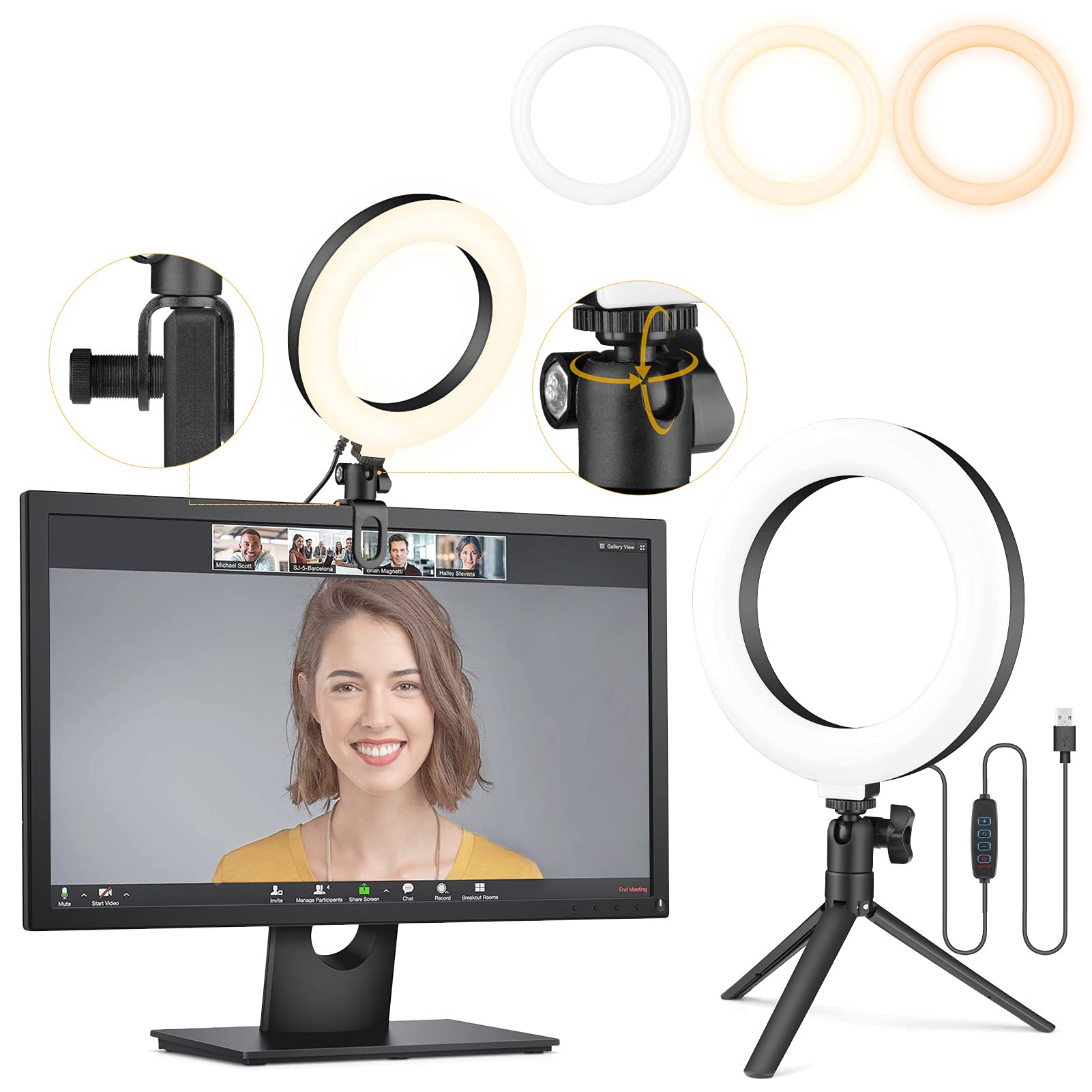 6" Ring Light Clip On, Video Conference Lighting, Laptop Light for Computer, Webcam Lighting, Zoom, Selfie, Remote Working, Distance Learning, YouTube, TikTok