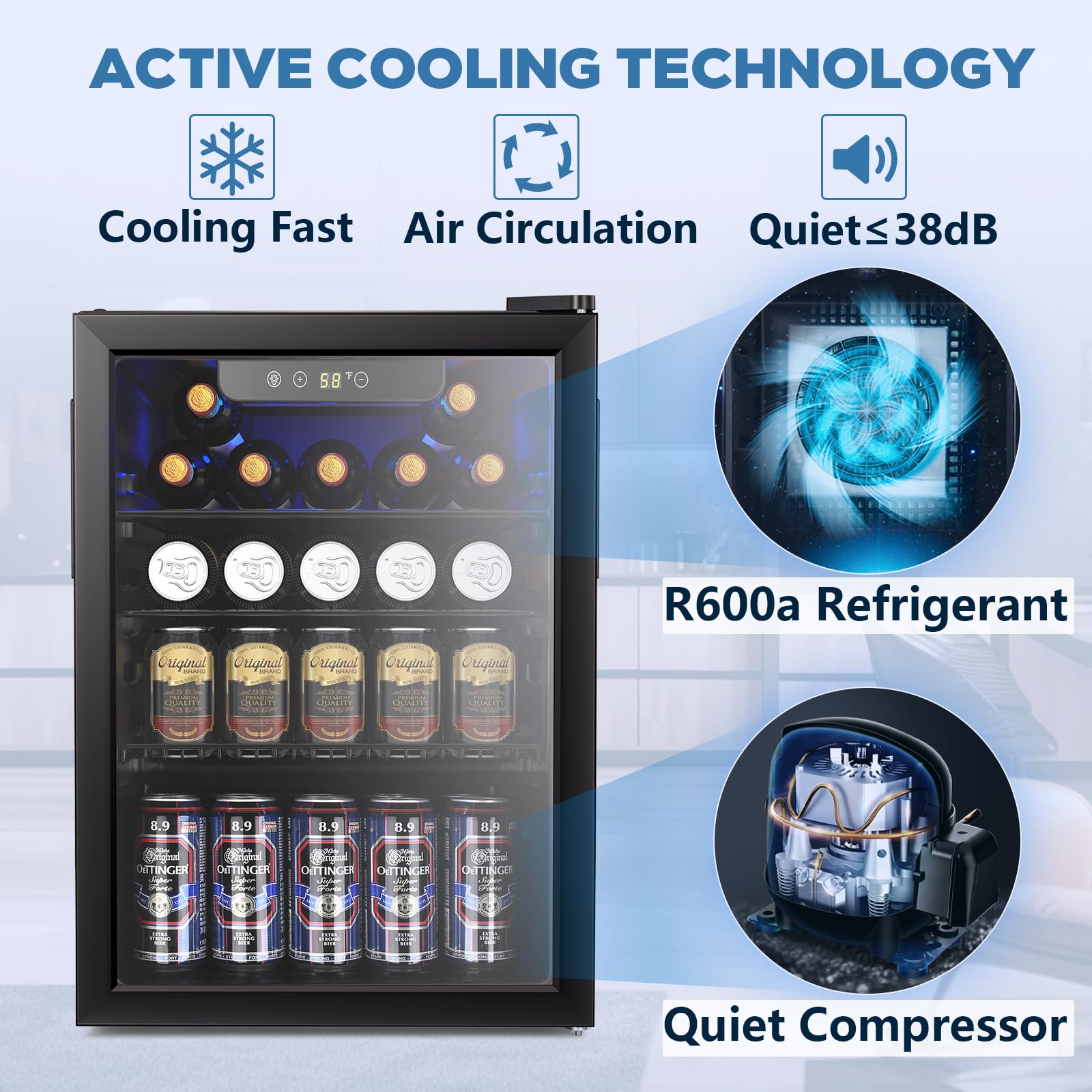 Joy Pebble Beverage Refrigerator Cooler,95 Can Mini Fridge with Glass Door for Beer Soda Wine, Small Drink Fridge with Adjustable Thermostat, Beverage Fridge for Bar Home Office,2.6Cu.Ft