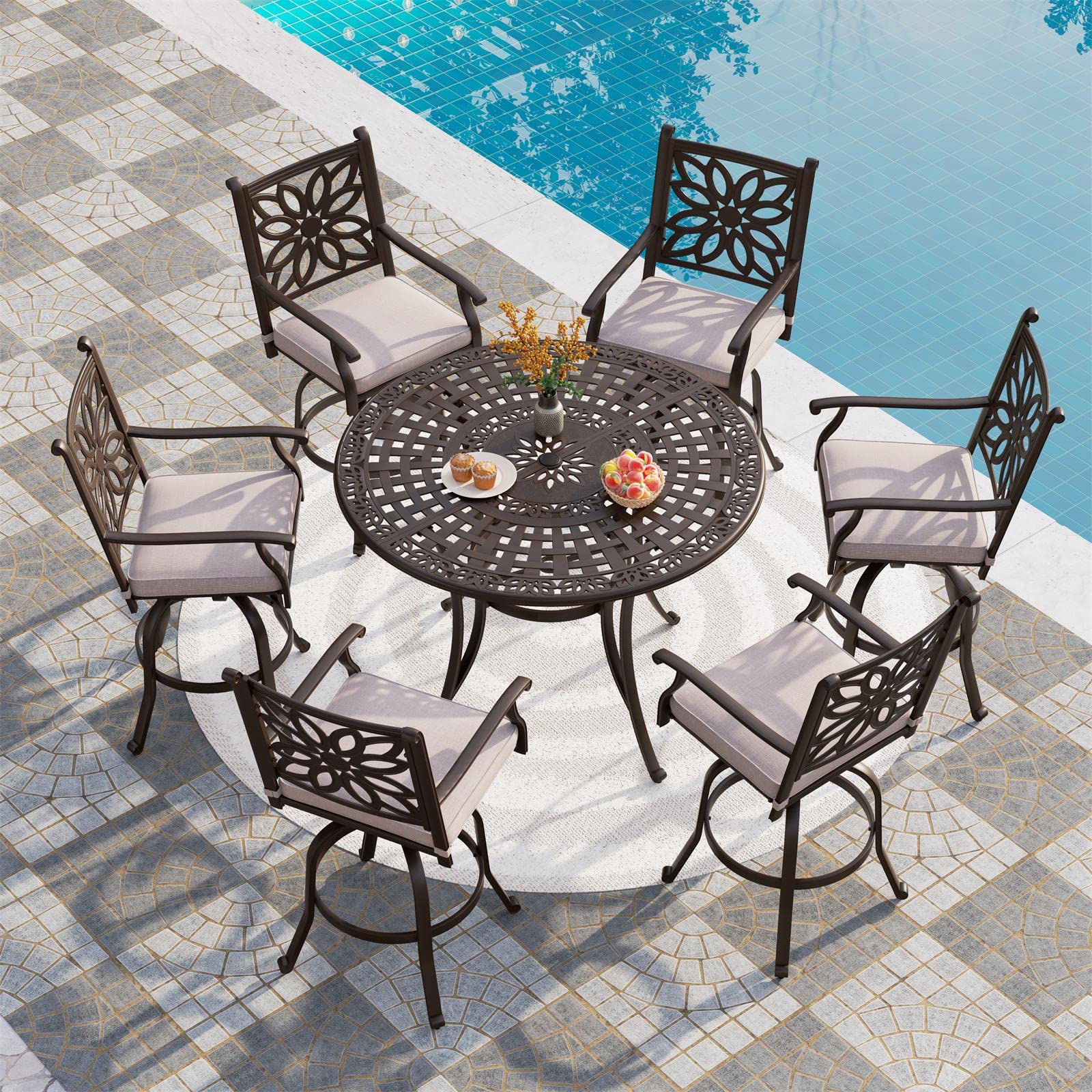 PHI VILLA Outdoor Swivel Bar Stools, Cast Aluminum Patio Pub Height Swivel Arms Chairs with Seat Cushion, Set of 4 Easy Assemble