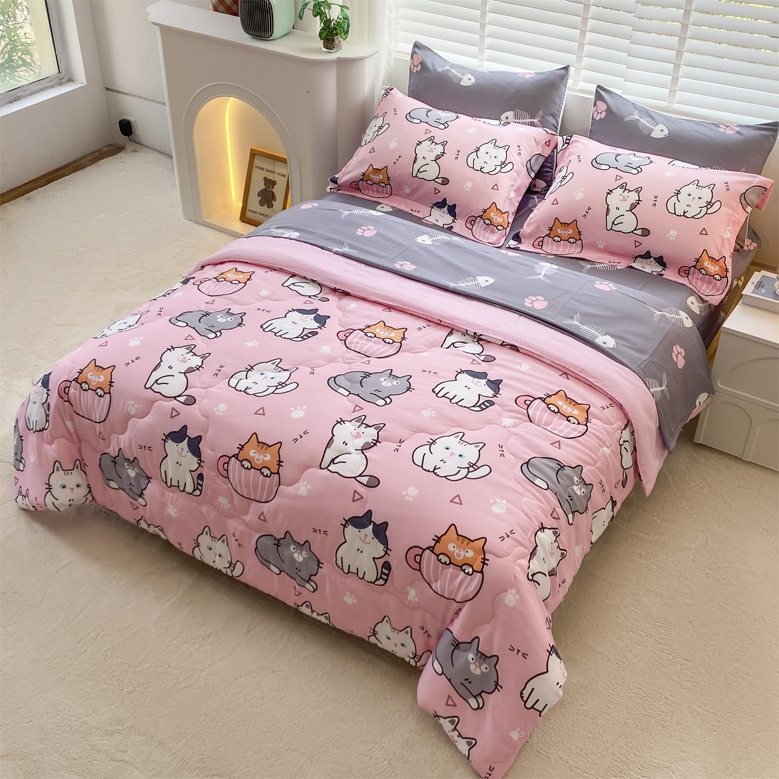 Gusuhome 7 Piece Girls Cats Comforter Set Twin Size Bed in A Bag Pink Cute Cartoon Pet Cat Bedding Set for Kids Boys Teens (1 Comforter, 1 Flat Sheet, 1 Fitted Sheet, 4 Pillow Sham) Gray