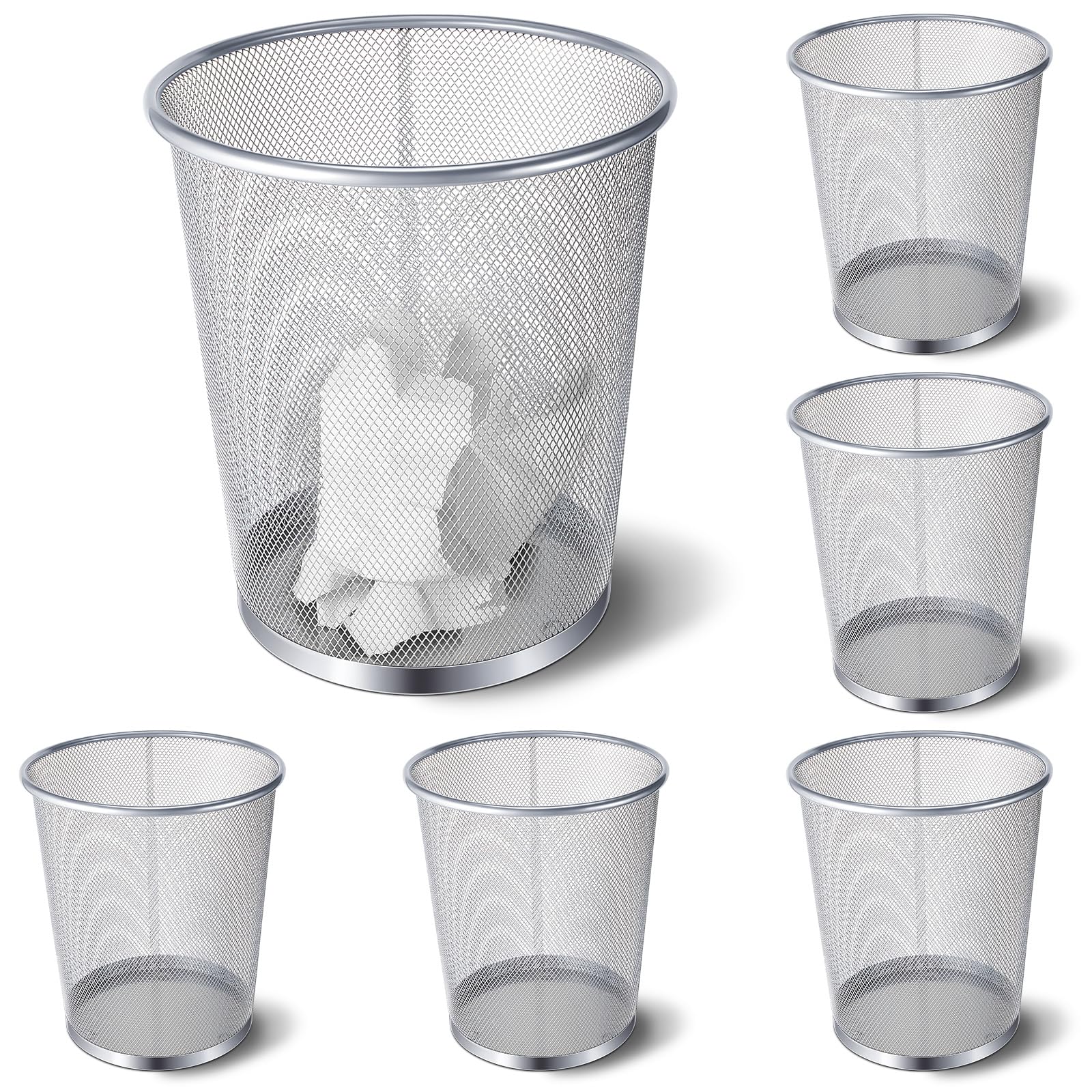 Zeyune 6 Pack Silver Office Trash Can Mesh Trash Can 4 Gallon Metal Wire Mesh Waste Paper Basket Round Trash Bin Small Garbage Can for Office Bathroom Home Bedroom Kitchen Dorm