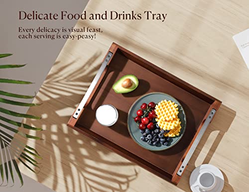 Dofira Acacia Wood Serving Tray with Metal Handles, 17x13in Food Drinks Tray for Coffee Table, Breakfast, Dinner & Bar, Rustic Decorative Storage Tray for Ottoman, Kitchen, Bedroom (Gift Packaging)