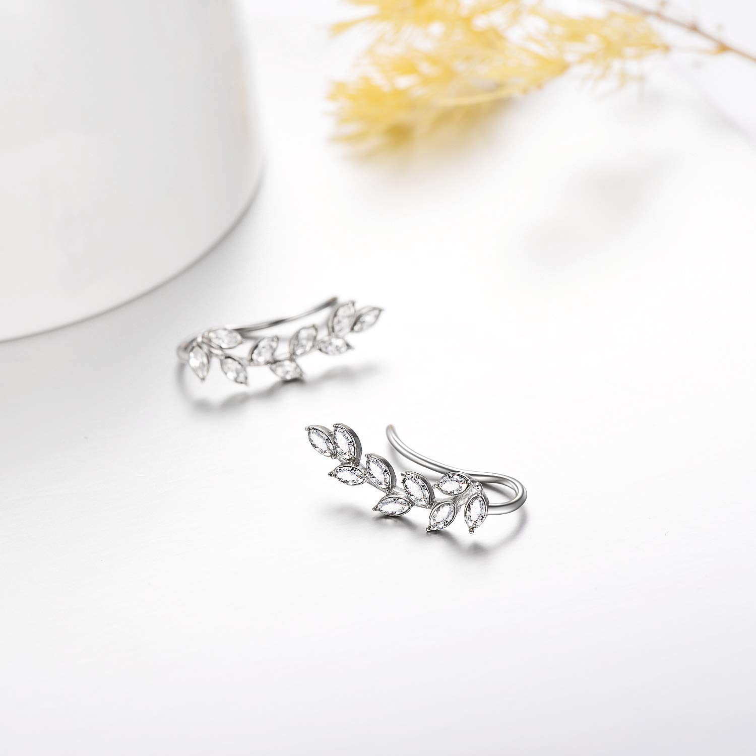 925 Sterling Silver Leaf Earring Ear Crawlers Earrings with Simulated Emerald Green Birthstone Crystals Climber Earrings Jewelry Gift for Her