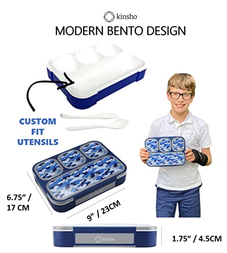 Bundle of Camo Lunch-Box for Boys 4 Compartments (Blue Camouflage) + Camo Lunch Box for Boys Kids Men with Ice Pack (Blue Black Camouflage)