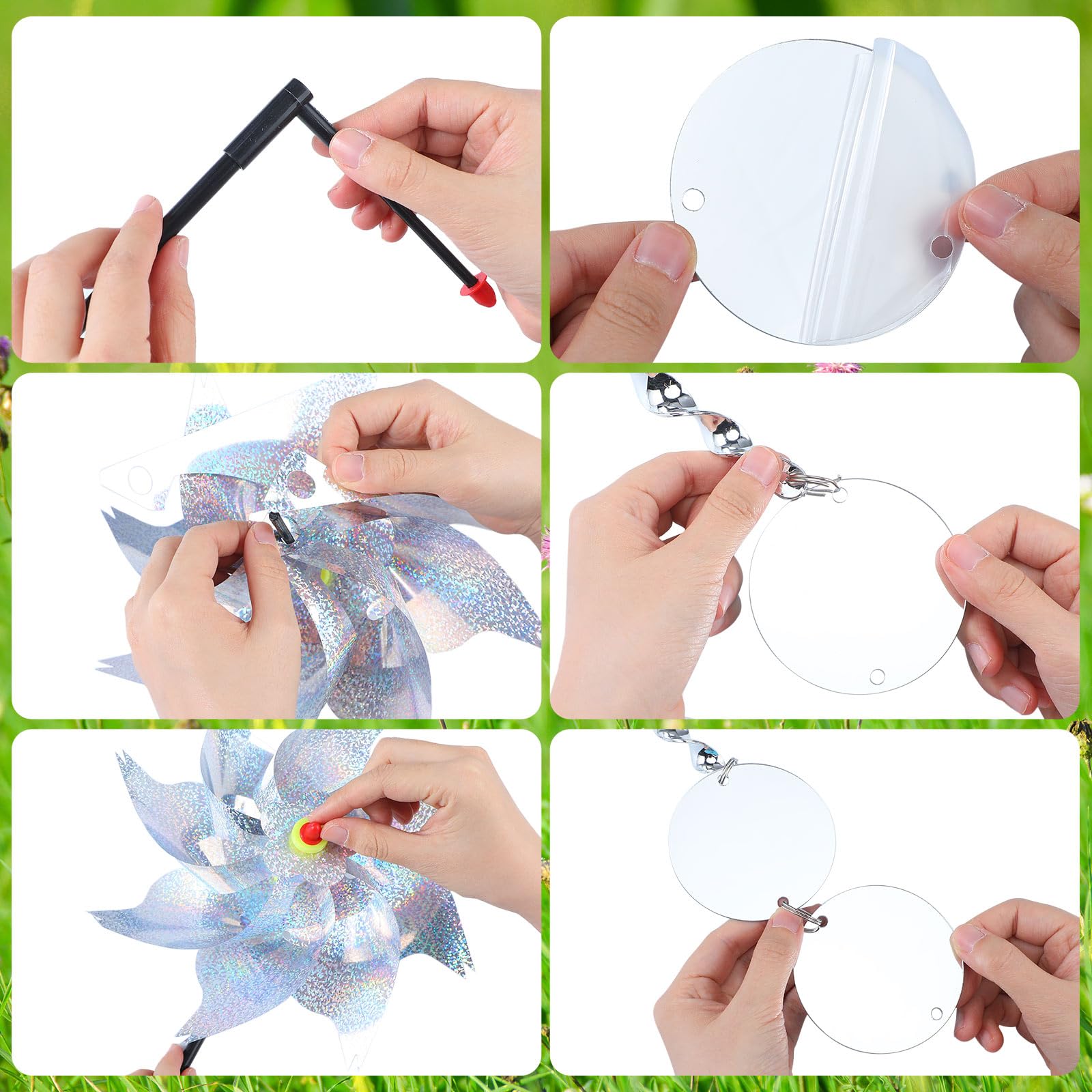 Nitial 39 Pcs Bird Deterrent Devices Outdoor Set 10 Bird Reflective Rods 20 Double Sided Bird Reflector 4 Reflective Pinwheels with Stakes 4 Bird Spiral Reflectors 1 Bird Scare Tape for Yard