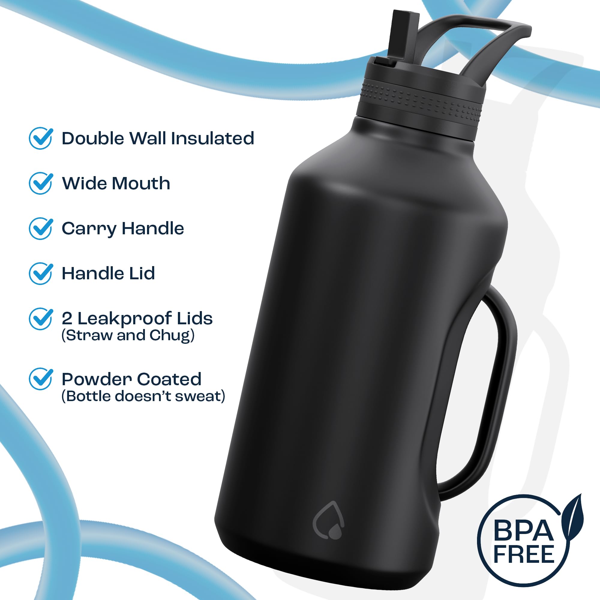 AQUAFIT Insulated Water Bottle 64 oz with Handle - Straw and Chug Lid - Stainless Steel Water Bottles - 64 oz Water Bottle - 64oz Insulated Water Bottle with Straw (64 Ounces, Nightfall Blue)