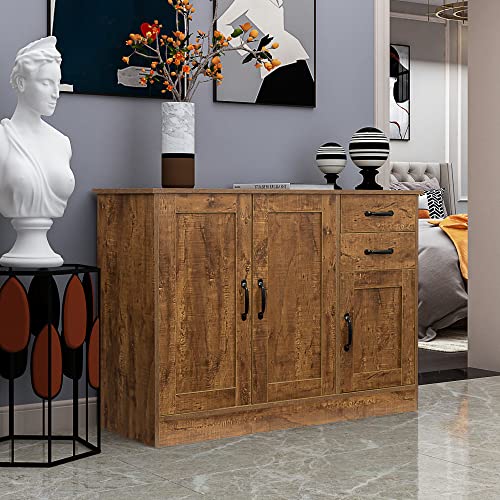 Boloni Farmhouse Buffet Cabinet, Sideboard Bar Storage with 3 Doors, 2 Drawers, Adjustable Shelve, Credenza Console Table for Entryway, Living Room, Dining Room, Kitchen, Walnut