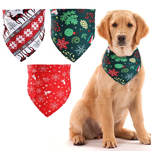 Christmas Dog Bandanas 3 Pack, Elk and Santa Bandana, Reversible Triangle Scarves for Dogs Cats Pets, Premium Durable Fabric, Adjustable Fit