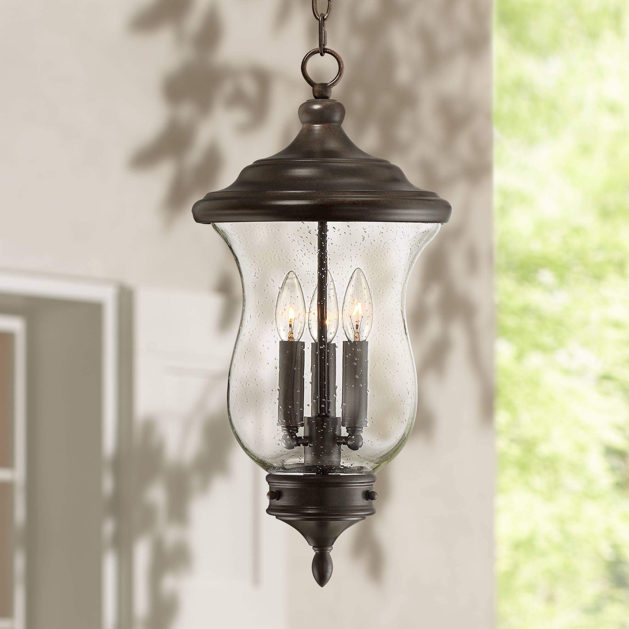 Carriage Country Outdoor Ceiling Light Hanging LED Dimmable Bronze 22" Clear Seedy Glass Decor Exterior House Porch Patio Outside Deck Garage Front Door Garden Home Roof Gazebo - Franklin Iron Works