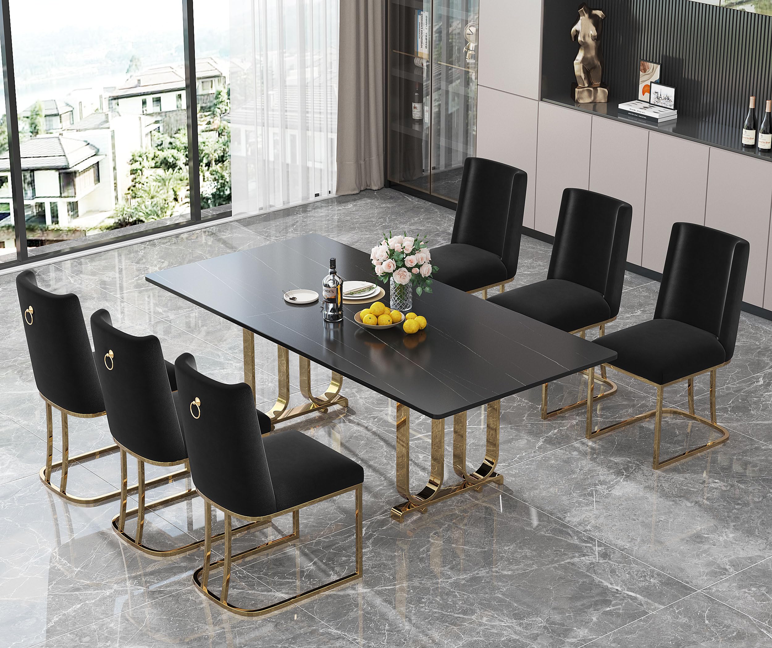 71 Inch Modern Black Dining Table Kitchen Table with Brushed Brass Metal Legs, Lauren Gold&Black Top Wood Dining Room Table for 8, Rectangle Contemporary Dining Table for 6