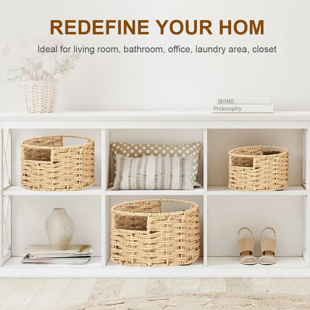Airsnigi Round Wicker Storage Basket, Paper Rope Large Woven Basket Hand-Woven With Handles, Wicker Baskets for Organizing/Storage, 5 Pack