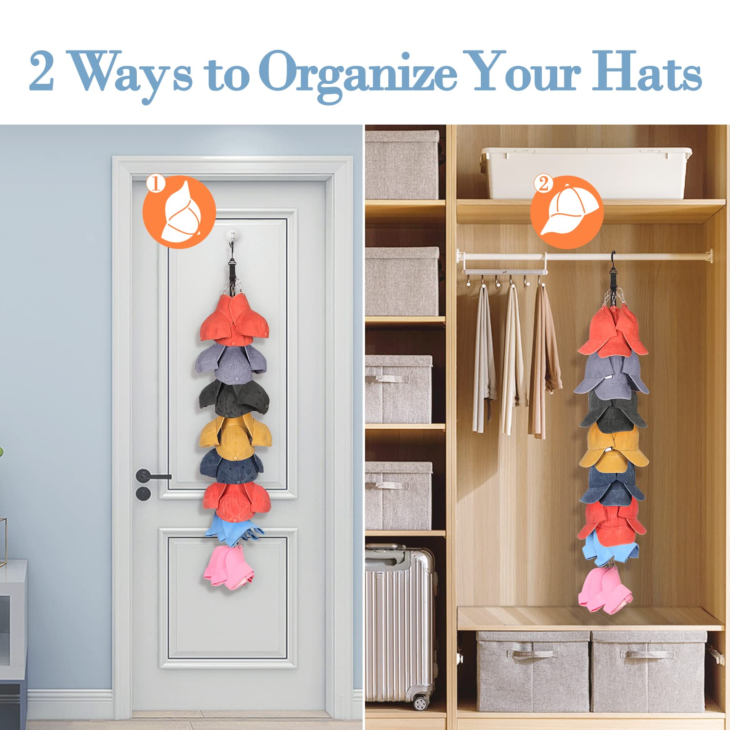 Miracsnail Hat Rack for Baseball Caps Organizer Hat Holder for Closet Hook, Wall and Door 24 Large Clips Cap Storage for Hanging Ball Caps Winter Beanie & Accessories 1 Pack