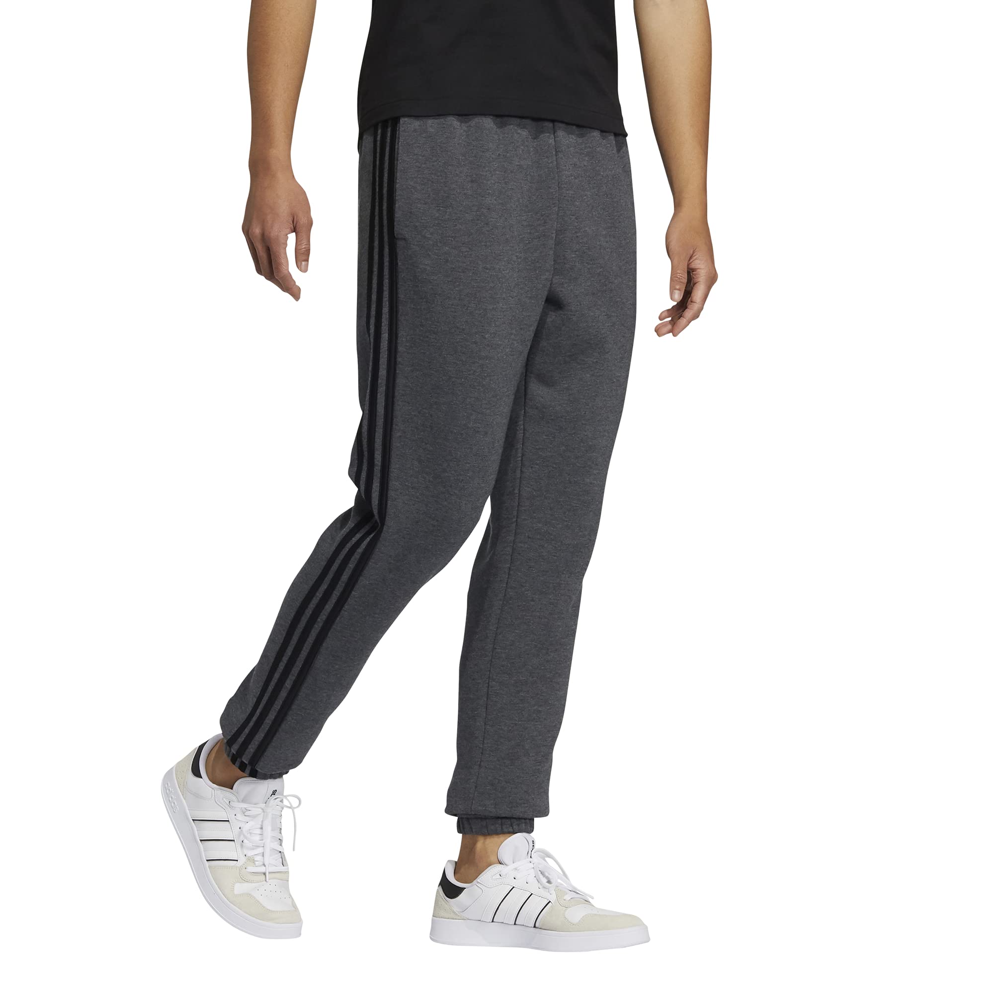 adidas Men's Standard Essentials Fleece Tapered Elastic Cuff 3-Stripes Pants, Dark Grey Heather, Medium