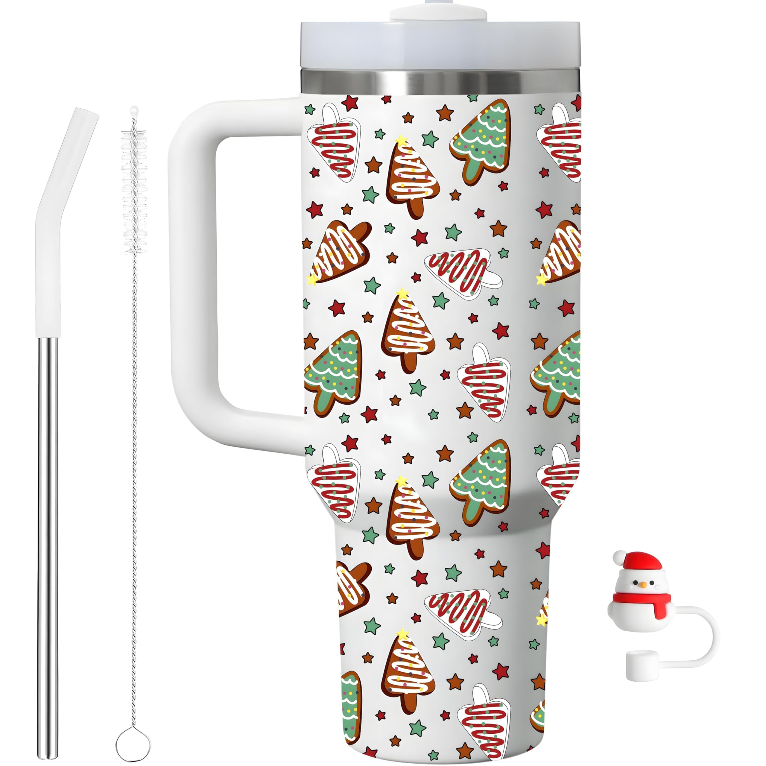 Christmas Tree 40oz Tumbler With Handle and Straw, Santa Stainless Steel Tumbler, Double Walled Noel Cup Gifts For Women Men