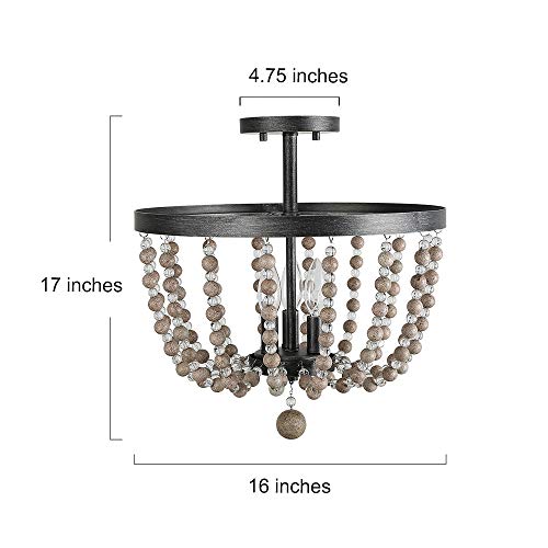 LALUZ Ceiling Light Fixture, 3-Light Boho Light Fixture, Farmhouse Wood Beaded Chandelier for Entryway, Foyer, Dark Silver Brushed, 16.1 β D x 17.3β H