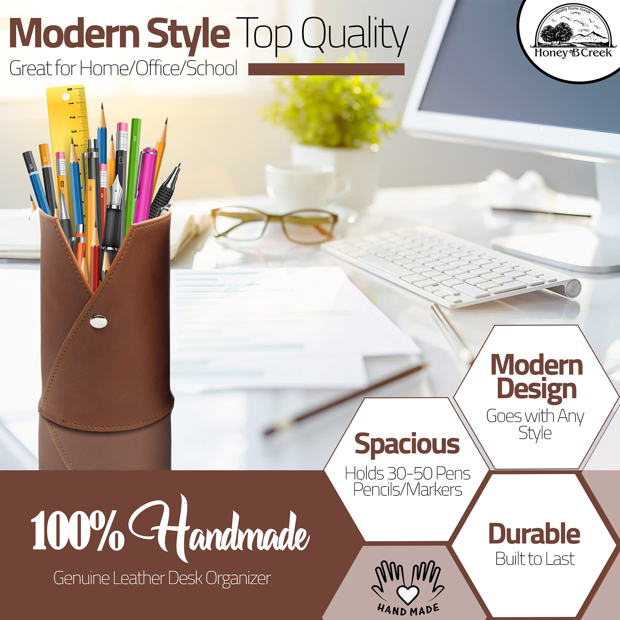 Desk Accessories for Women Office- Pen Holder Handmade with Genuine Leather for Desk Organization or Storage for Remote Controls | Eyeglasses | Sunglasses | Office Supplies | Sewing Supplies (Brown)