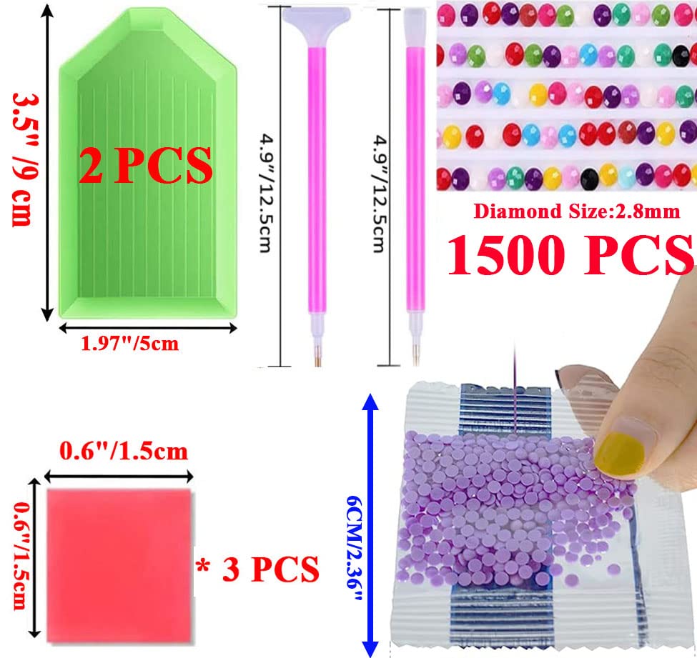Diamond Painting Accessories Kits-5d Diamond Art Dot Bead Replacement Missing Drill Stones for Adults,DIY Embroidery Wax Tacky Tool-30 Colors,1500 Round Gems,3 Painting Glue Clay,2 Stitch Pen,2 Tray