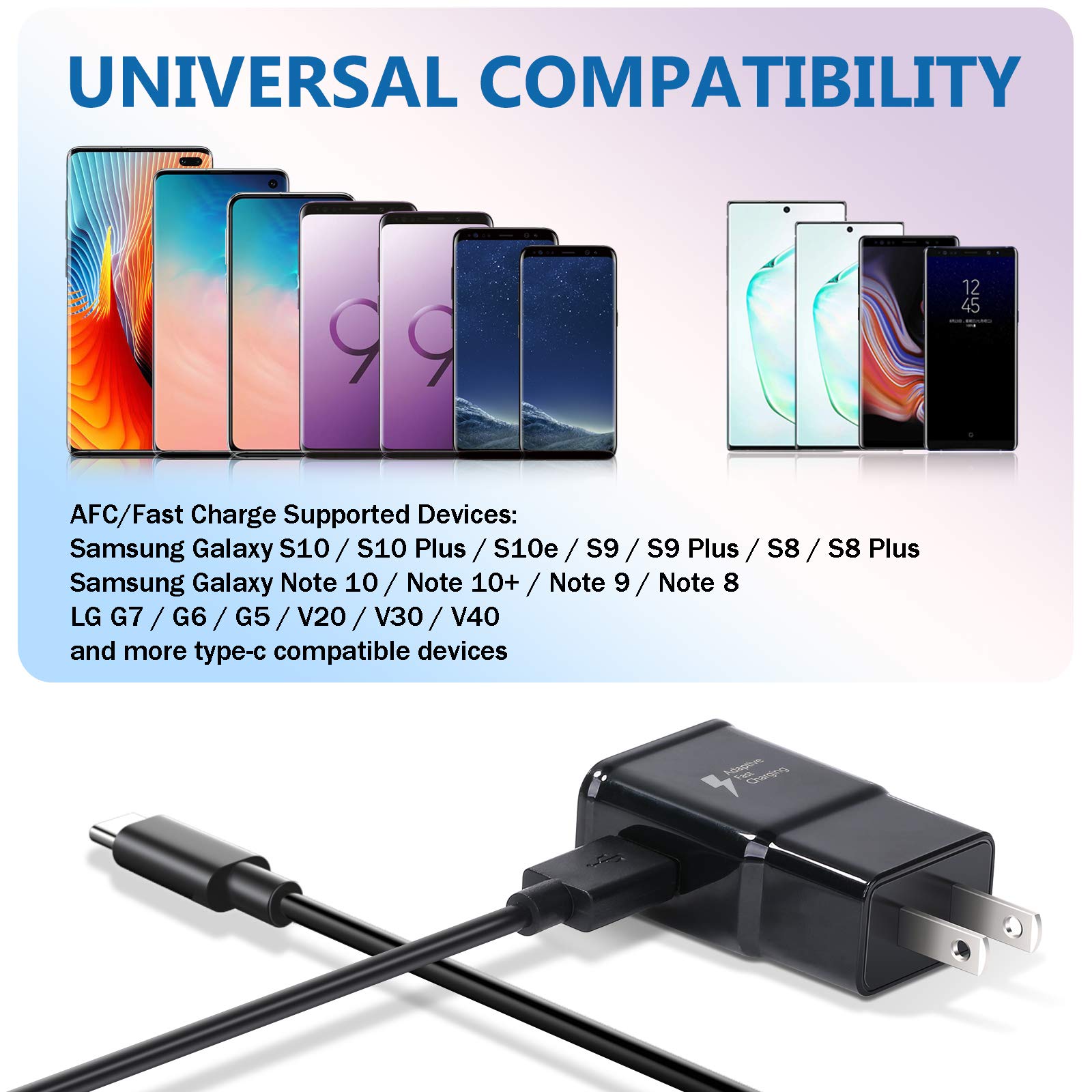 Adaptive Fast Charger Kit with USB C Cable【6.6Ft+1.5Ft】, Excgood Fast Charging Block Type C Charger Compatible with Samsung Galaxy S8/9+/10e,Note 8/9, G5/6 V20/30-Black