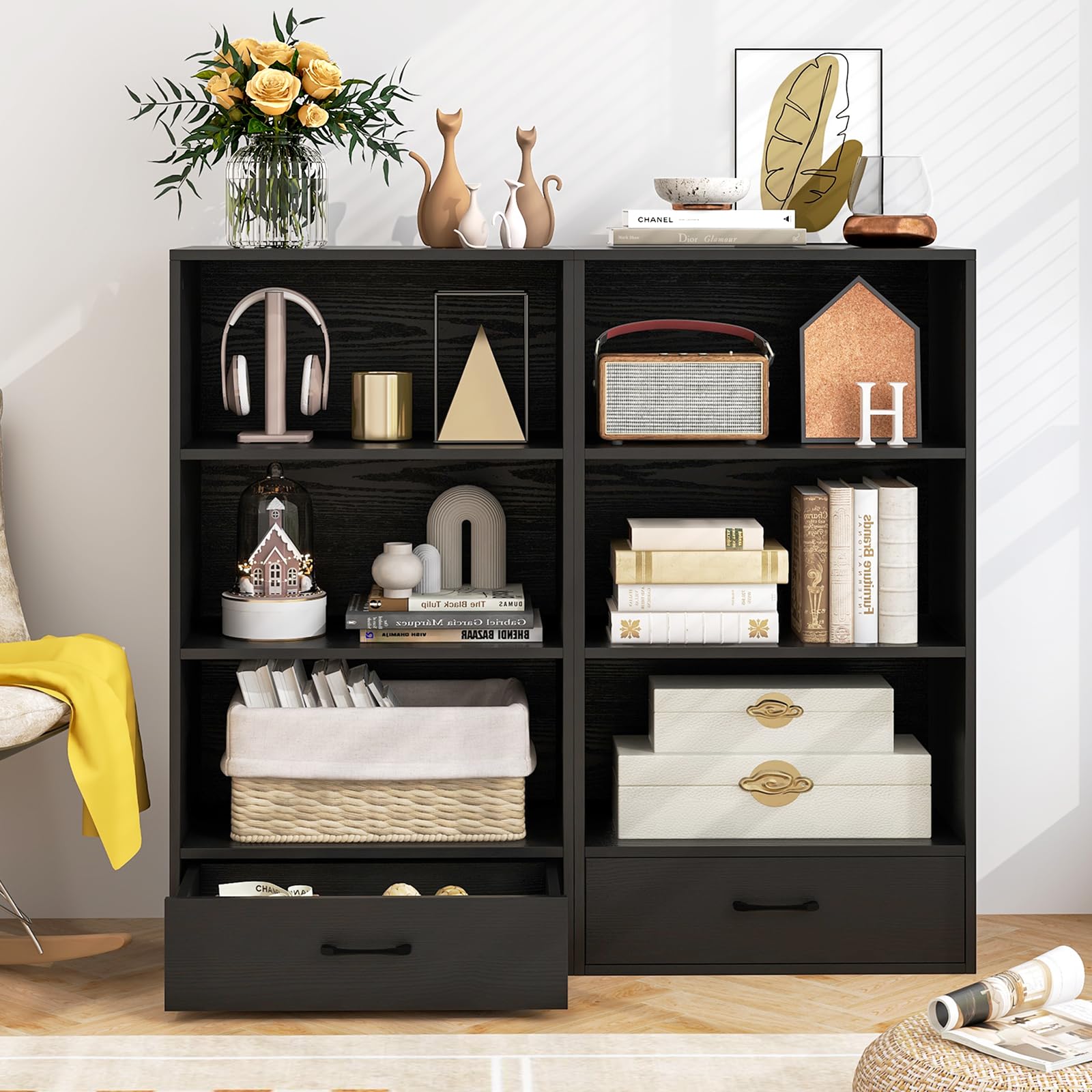 Giantex 4 Tier Bookcase with Drawer, 42.5" Tall Floor Standing Organizer Display Storage Shelves with Anti-toppling Device, Wood Open Shelf Bookshelf for Kids Room, Living Room, Study, Black