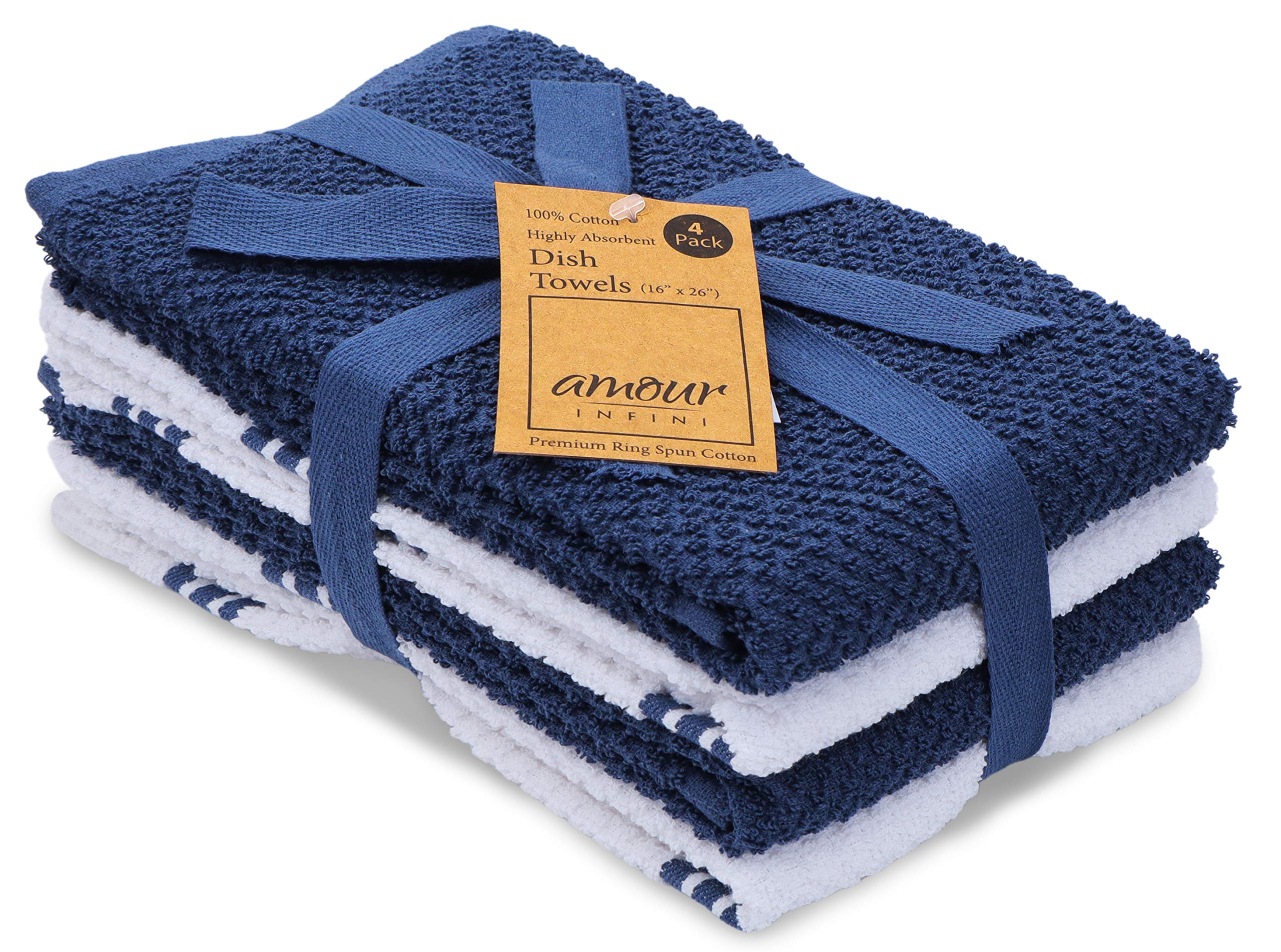 AMOUR INFINI Bundle Pack of 4 Terry Dish Towels + 8 Dish Cloths Ultra Soft and Absorbent Kitchen Towel & Dishcloth Combo - Cotton Dishtowels for Washing Up | Blue