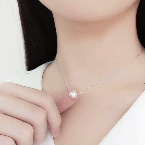 925 Sterling Silver Single Pearl Choker Necklaces Floating 8mm Shell Pearl Wedding Bridesmaids Necklace for Women, white (CYX0009)