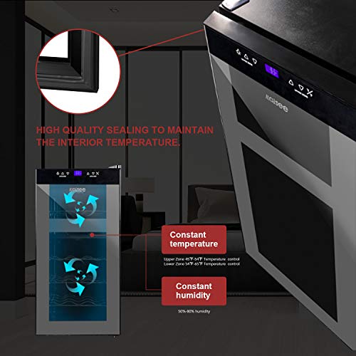 maisee Wine Fridge Dual Zone,18 Bottles Wine Cooler Refrigerator Chiller Upper Zone 46f-54f Lower Zone 54f-65f for Red White Wine Champagne in Home Office Bedroom Countertop (18 Bottles,Black