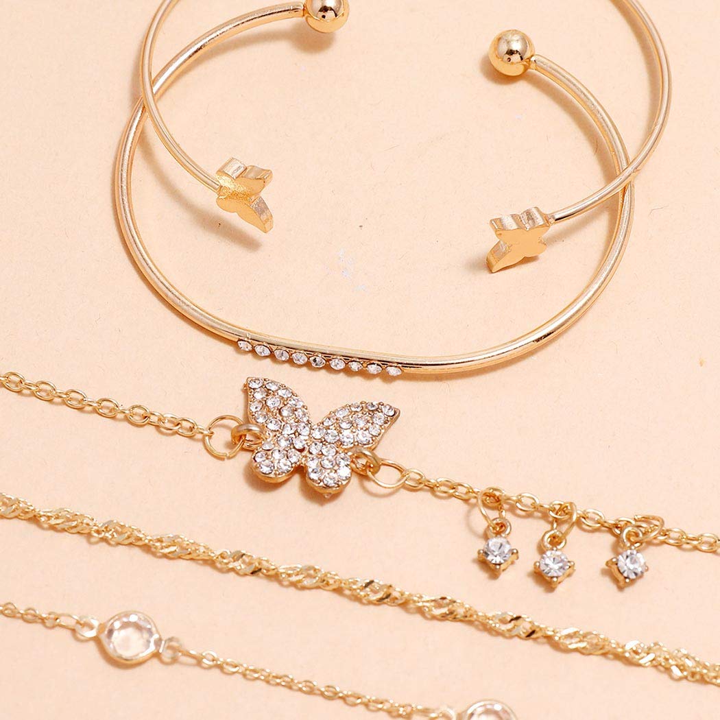 5PCS Fashion Crystal Bracelets Sets for Women Gold Layered Butterflies Pendant Charms Hand Chain Stackable Wrap Bangle Adjustable Bracelet Jewelry Accessories