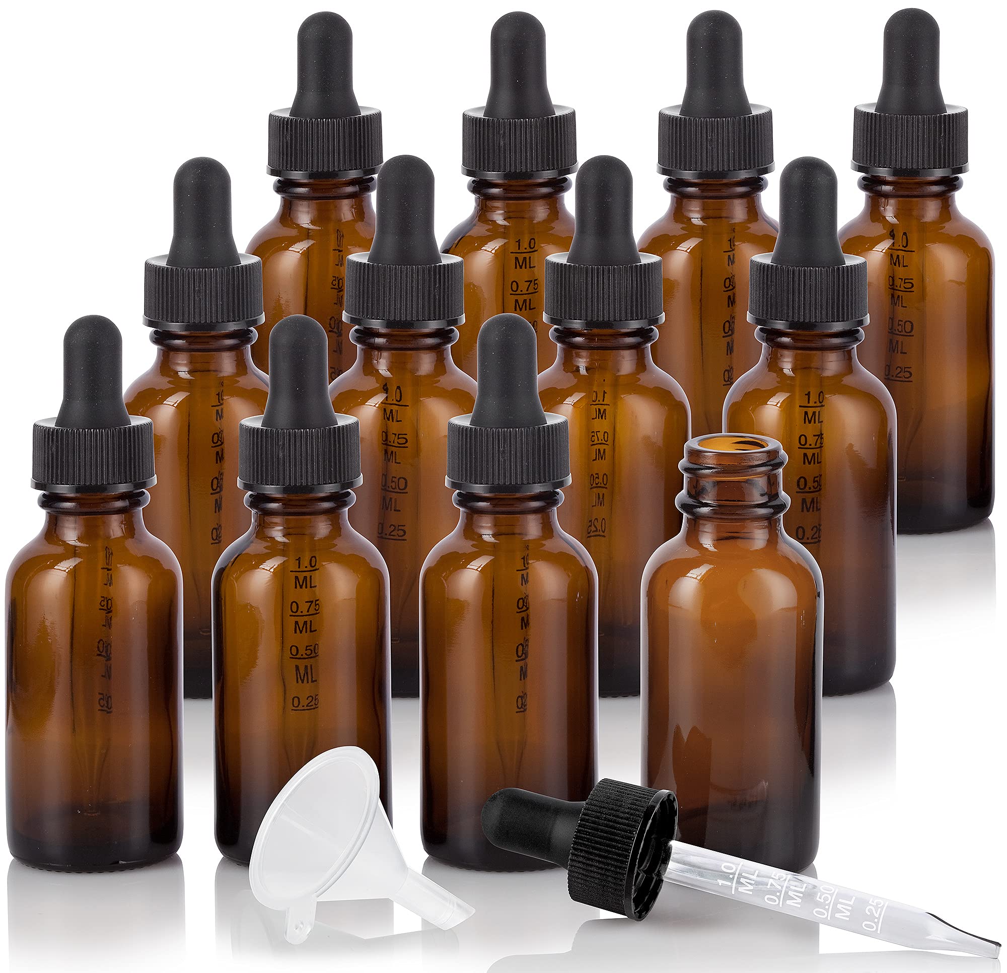 JUVITUS 1 oz / 30 ml Amber Glass Boston Round Bottle with Graduated Measurement Glass Dropper (12 Pack) + Funnel