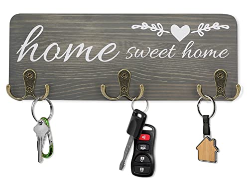 AOUCKSX Key Holder for Wall Rustic Grey Key Hanger with Sturdy 3 Double Metal Hooks Wood Key Hooks 11 * 4.5 inch Keys Organizer Sweet Home Key Ring Holder for Home Entryway Decor.