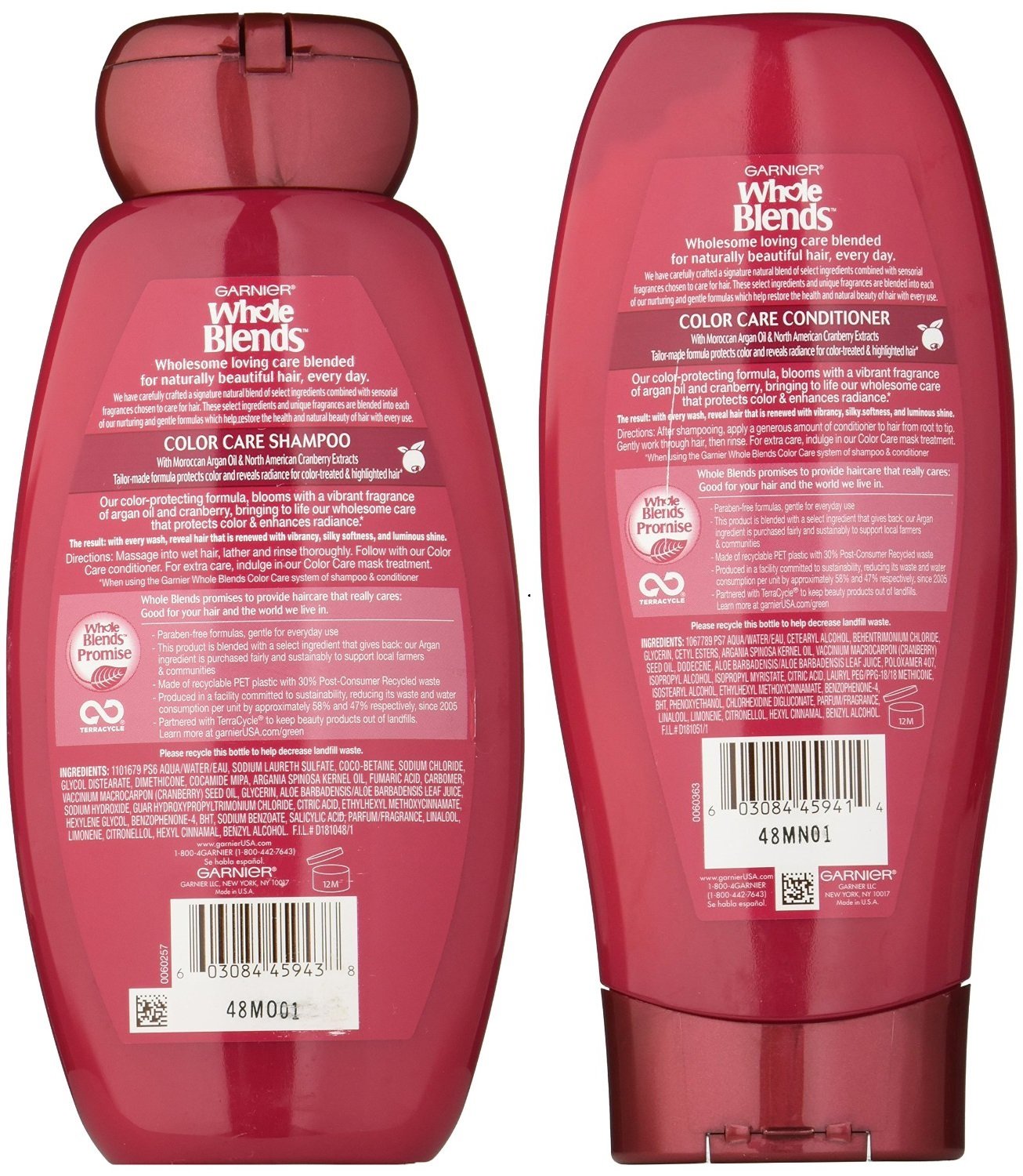 Garnier Whole Blends Color Care Shampoo and Conditioner Set with Argan Oil and Cranberry Extracts, 12.5 Ounces each