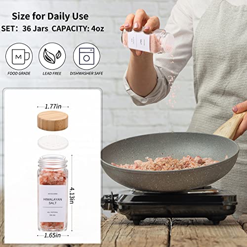 DIMBRAH Spice Jars with Label-4oz 15 Pcs Glass Spice Jars with Bamboo Lids,Spices Container Set with White Printed Spice Labels,Kitchen Empty Spice Jars