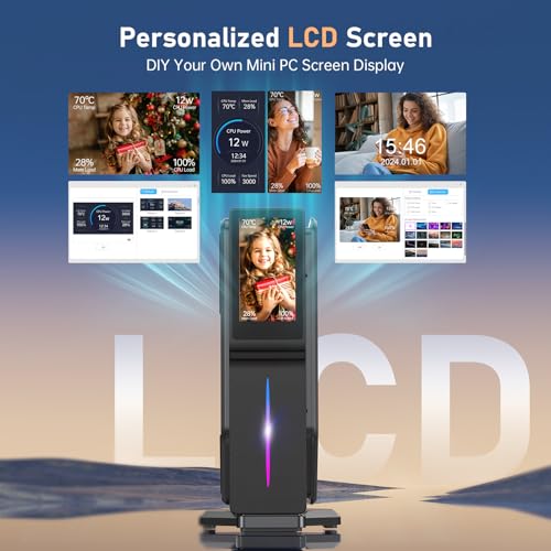 ACEMAGIC S1 Mini PC with DIY LCD Screen, Alder Lake N95 (up to 3.4GHz), 16GB DDR4 512GB M.2 SSD Mini Tower PC, WiFi 5/BT 4.2/4K UHD/Dual LAN