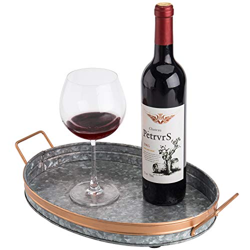 MyGift Rustic Galvanized Metal Decorative Tray with Copper Tone Rim and Handles, 16 Inch Oval Serving Tray - Handcrafted in India